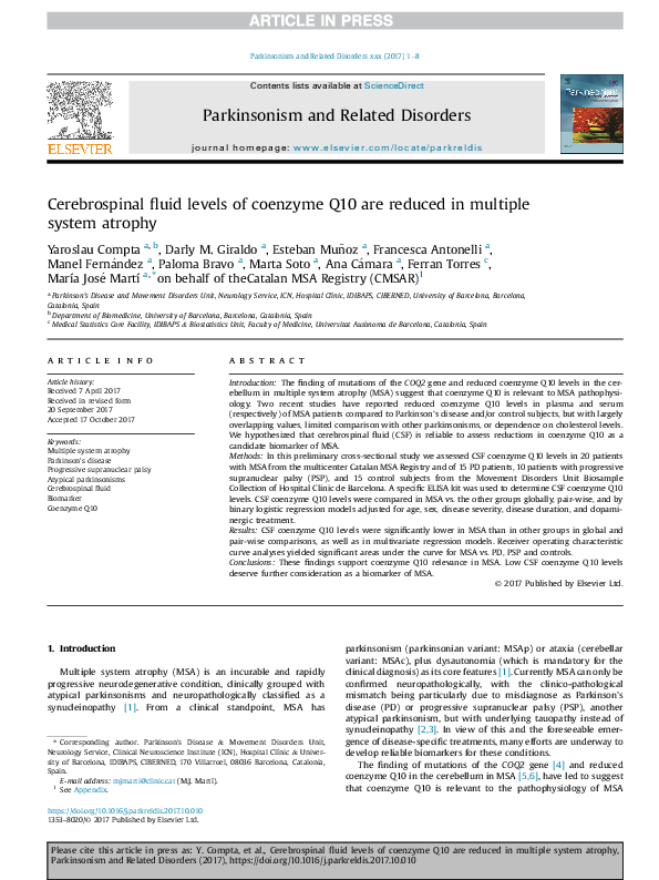 (PDF) Cerebrospinal fluid levels of coenzyme Q10 are reduced in ...