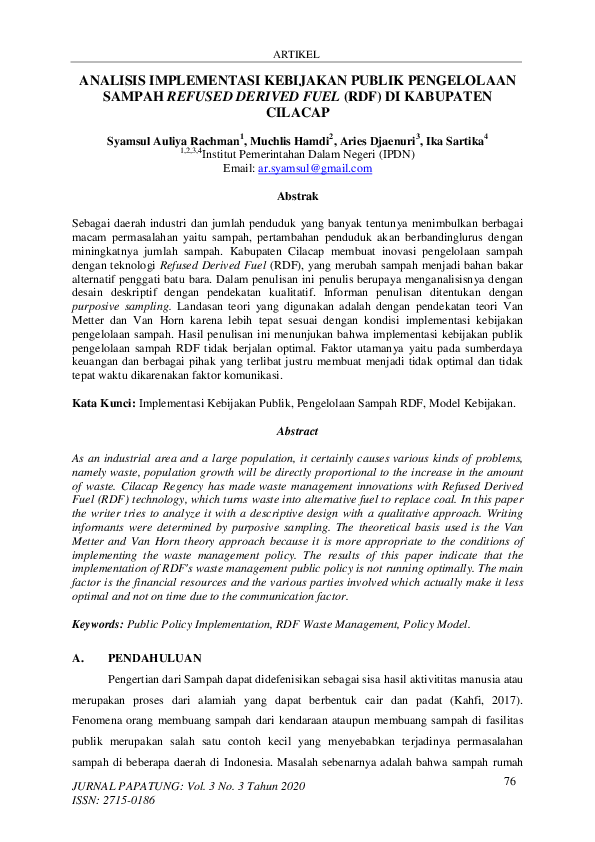 (PDF) Analisis Implementasi Kebijakan Publik Pengelolaan Sampah Refused ...