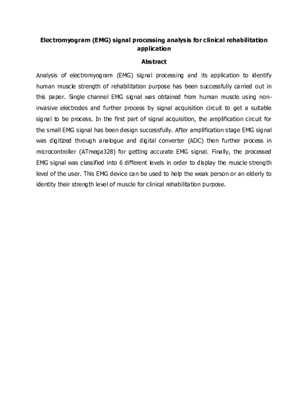 (PDF) Electromyogram (EMG) Signal Processing Analysis for Clinical Rehabilitation Application