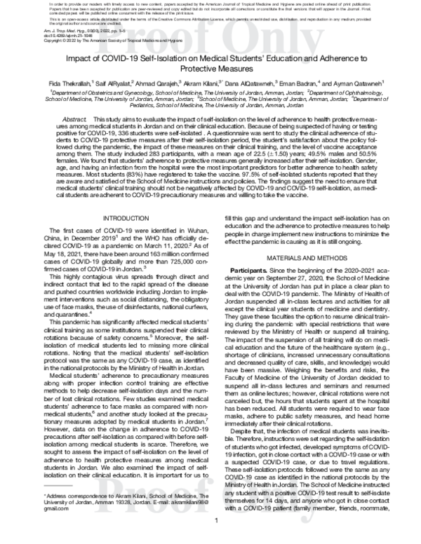 (PDF) Impact of COVID-19 Self-Isolation on Medical Students’ Education ...