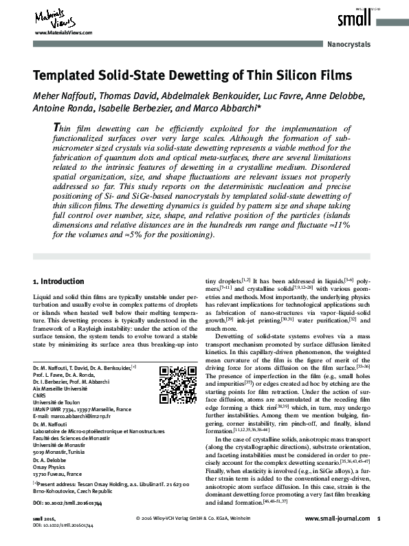 (PDF) Templated Solid-State Dewetting of Thin Silicon Films