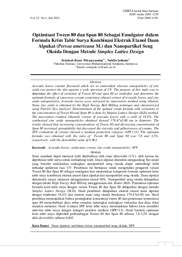 (PDF) Optimisasi Tween 80 dan Span 80 Sebagai Emulgator dalam Formula ...