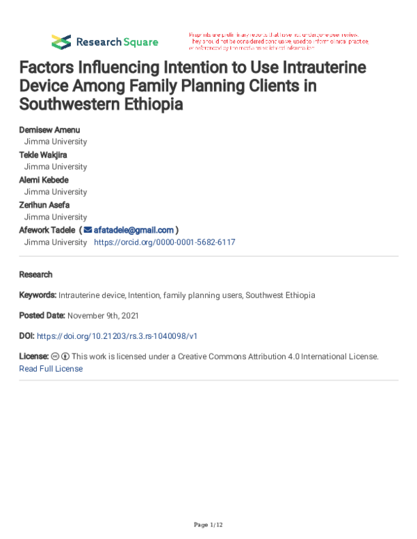 (PDF) Factors Influencing Intention to Use Intrauterine Device Among ...