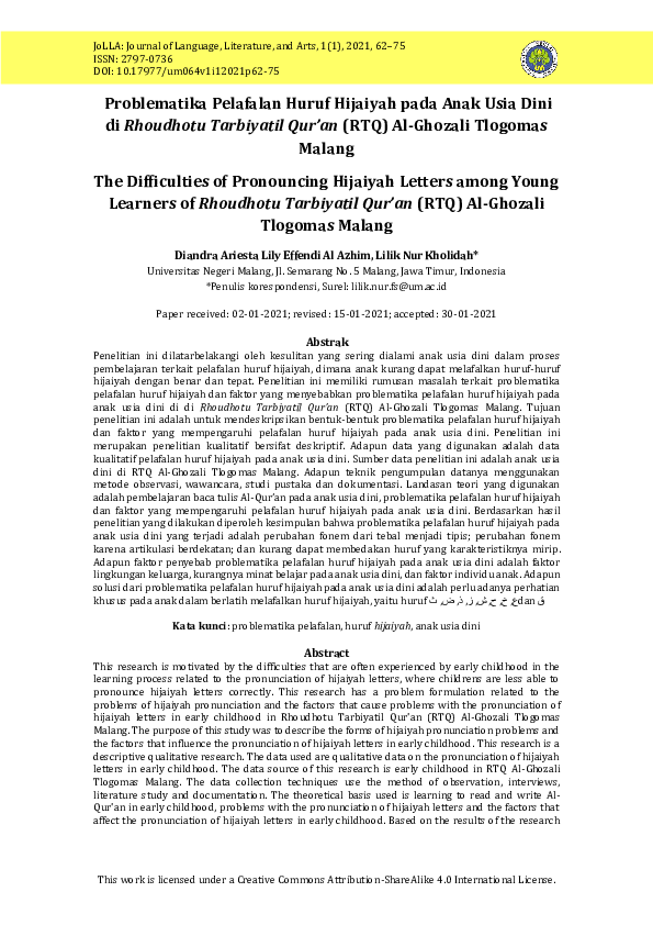 (PDF) Problematika Pelafalan Huruf Hijaiyah pada Anak Usia Dini di Rhoudhotu Tarbiyatil Qur’an ...