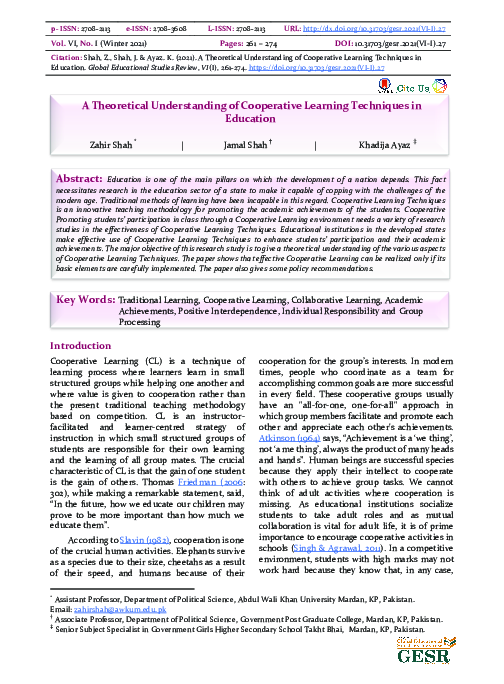 Pdf A Theoretical Understanding Of Cooperative Learning Techniques In Education