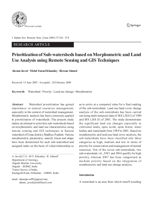 Pdf Prioritization Of Sub Watersheds Based On Morphometric And Land Use Analysis Using Remote