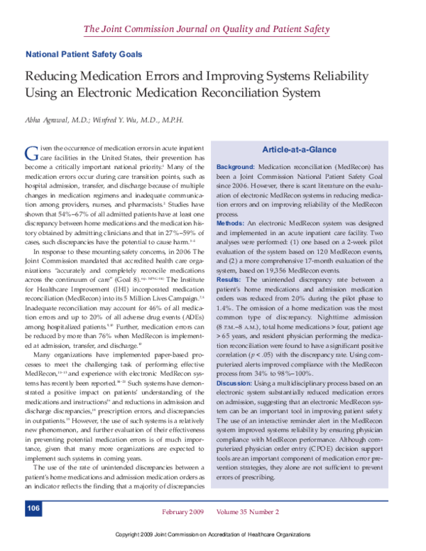 (PDF) Reducing Medication Errors and Improving Systems Reliability ...