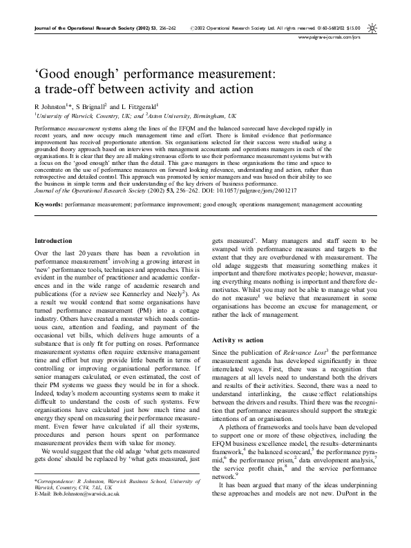 (PDF) ‘Good enough’ performance measurement: a trade-off between ...