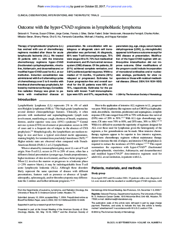 (PDF) Outcome with the hyper-CVAD regimens in lymphoblastic lymphoma