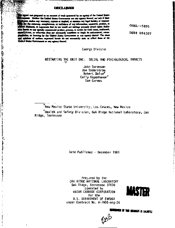 (PDF) Restarting TMI unit one: social and psychological impacts