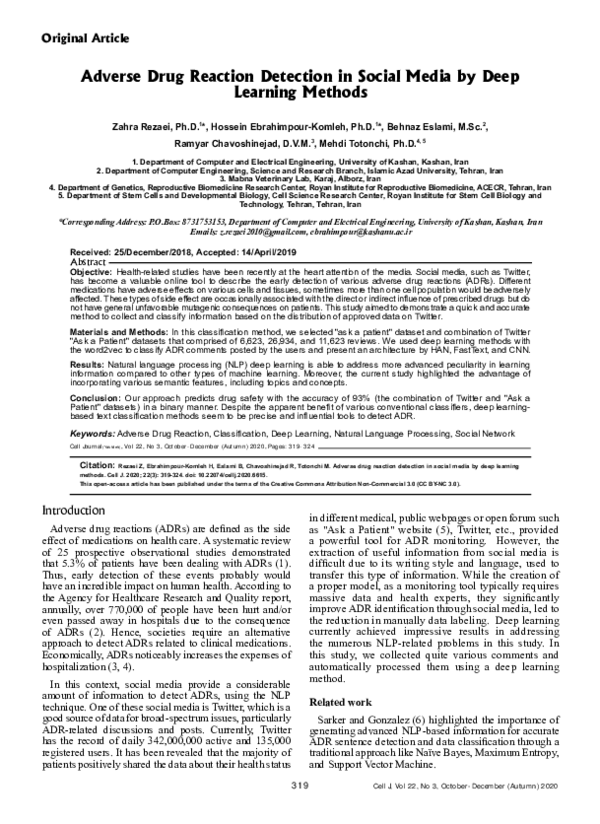 Pdf Adverse Drug Reaction Detection In Social Media By Deep Learning Methods