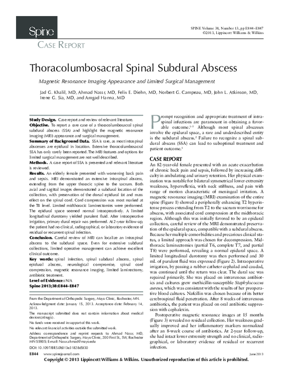 (PDF) Thoracolumbosacral Spinal Subdural Abscess
