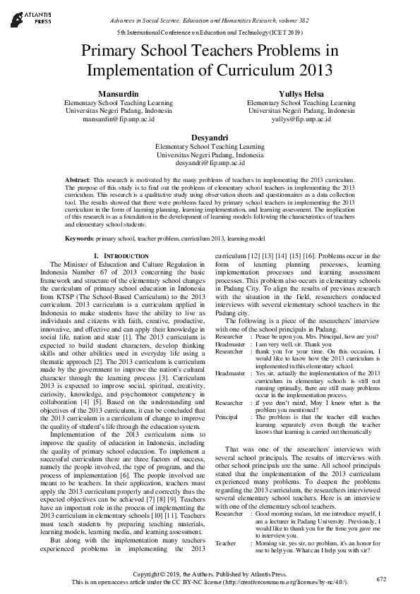 (PDF) Primary School Teachers Problems in Implementation of Curriculum 2013
