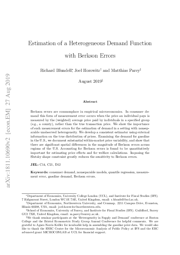 Pdf Estimation Of A Heterogeneous Demand Function With Berkson Errors Joel Horowitz