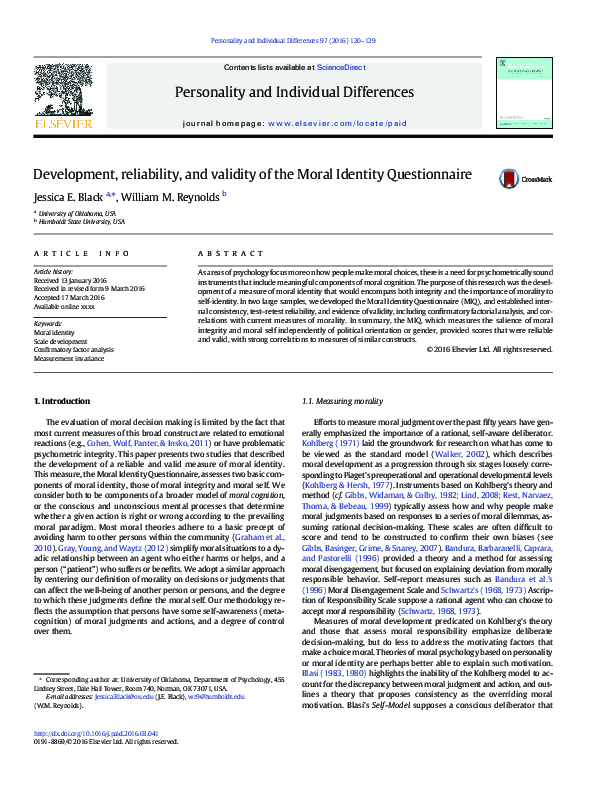 (PDF) Development, reliability, and validity of the Moral Identity Questionnaire