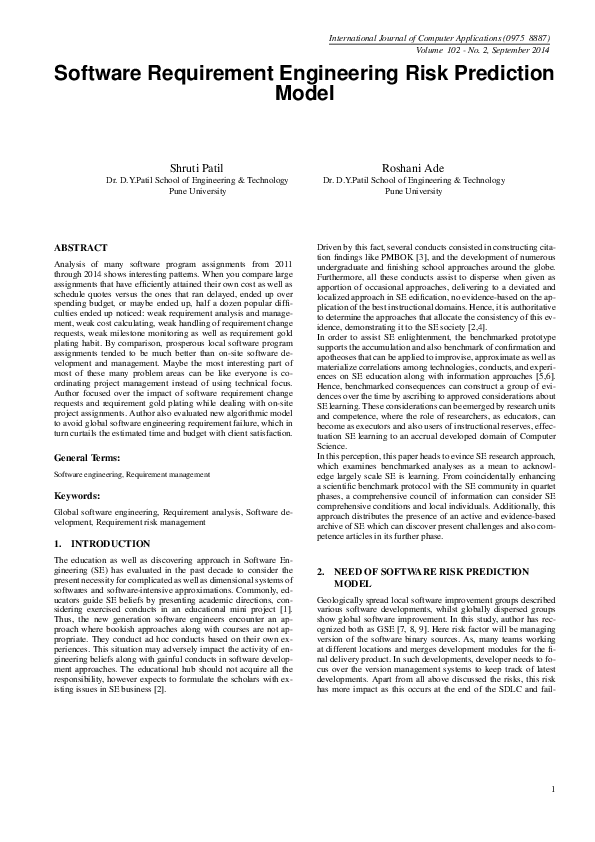 (PDF) Software Requirement Engineering Risk Prediction Model (PDF) Software Requirement Engineering Risk Prediction Model