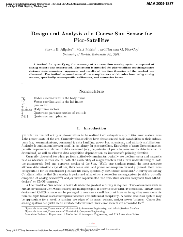 (PDF) Design and Analysis of a Coarse Sun Sensor for Pico-Satellites ...