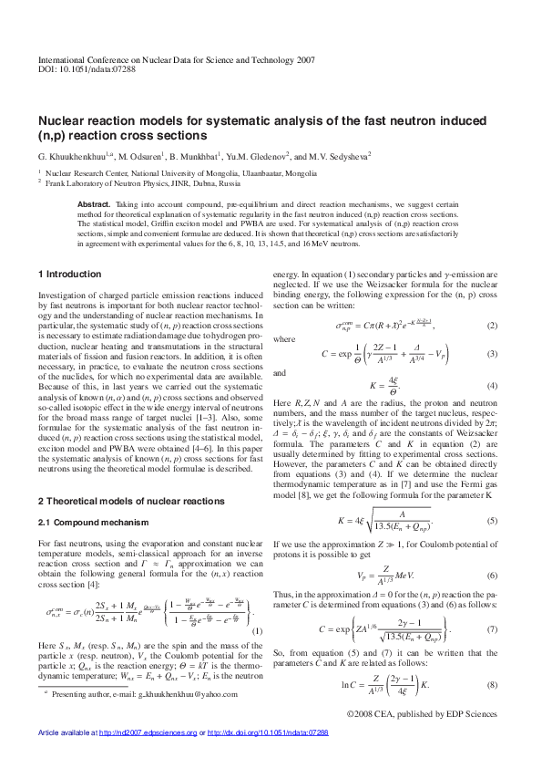 Pdf Nuclear Reaction Models For Systematic Analysis Of The Fast Neutron Induced N P Reaction