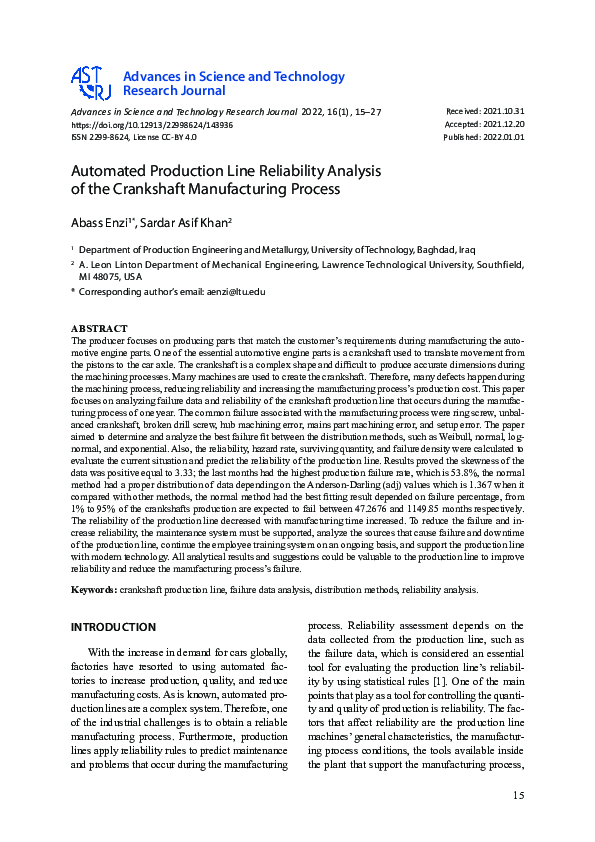Pdf Automated Production Line Reliability Analysis Of The Crankshaft