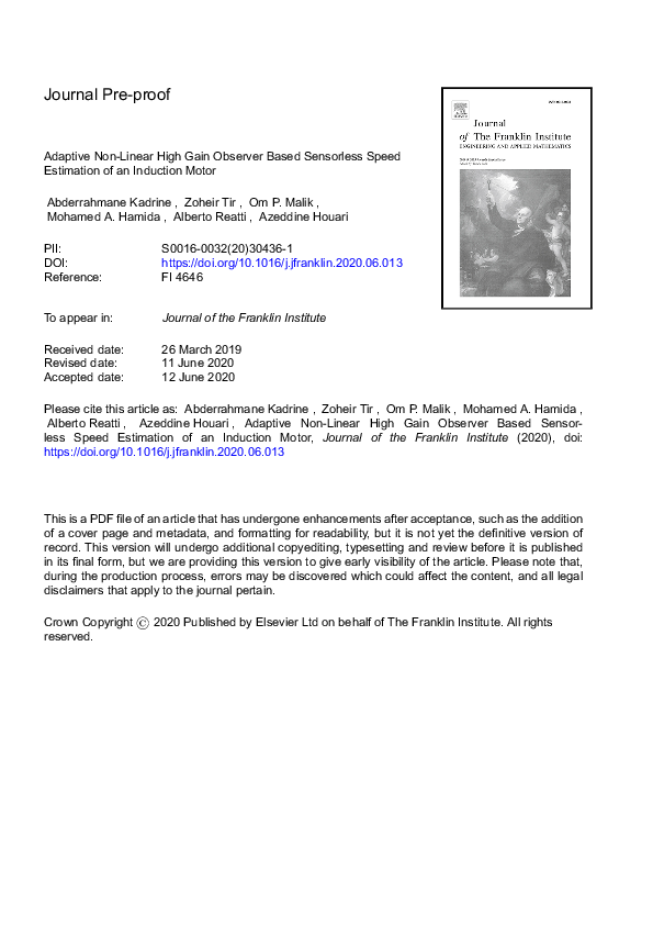 (PDF) Adaptive Non-Linear High Gain Observer Based Sensorless Speed Estimation of an Induction Motor