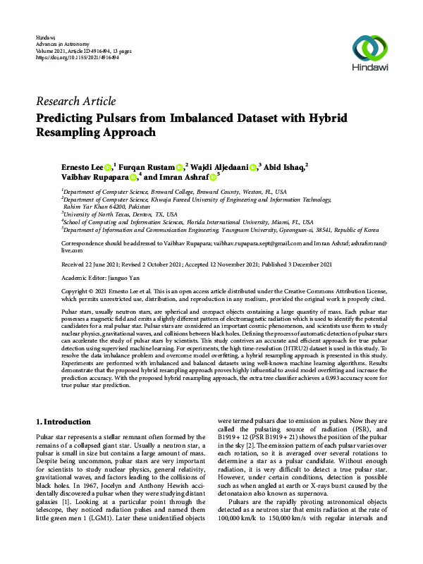 Pdf Predicting Pulsars From Imbalanced Dataset With Hybrid Resampling