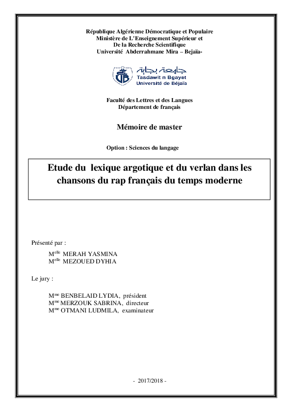 (PDF) Etude du lexique argotique et du verlan dans les chansons du rap ...