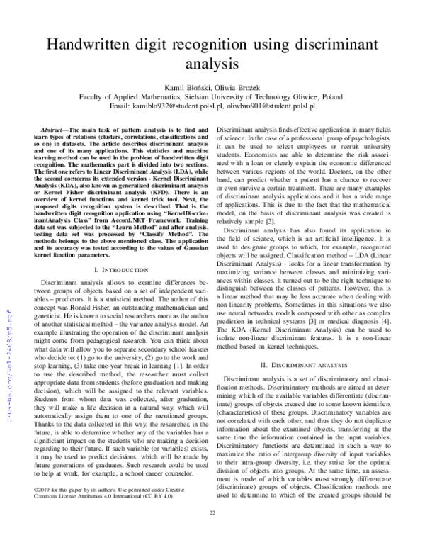 (PDF) Handwritten digit recognition using discriminant analysis