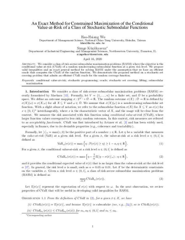 (PDF) On a Class of Risk-averse Submodular Maximization Problems | Simge Kucukyavuz - Academia.edu