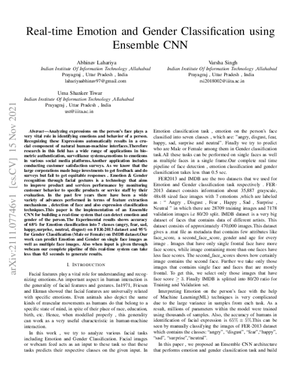 Pdf Real Time Emotion And Gender Classification Using Ensemble Cnn