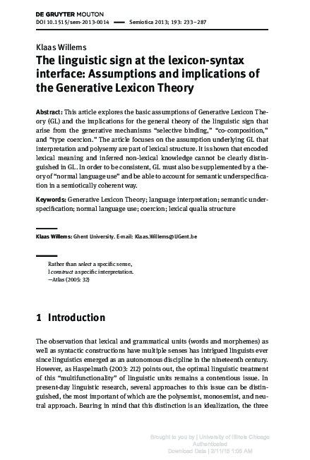 (PDF) The linguistic sign at the lexicon-syntax interface: Assumptions and implications of the ...