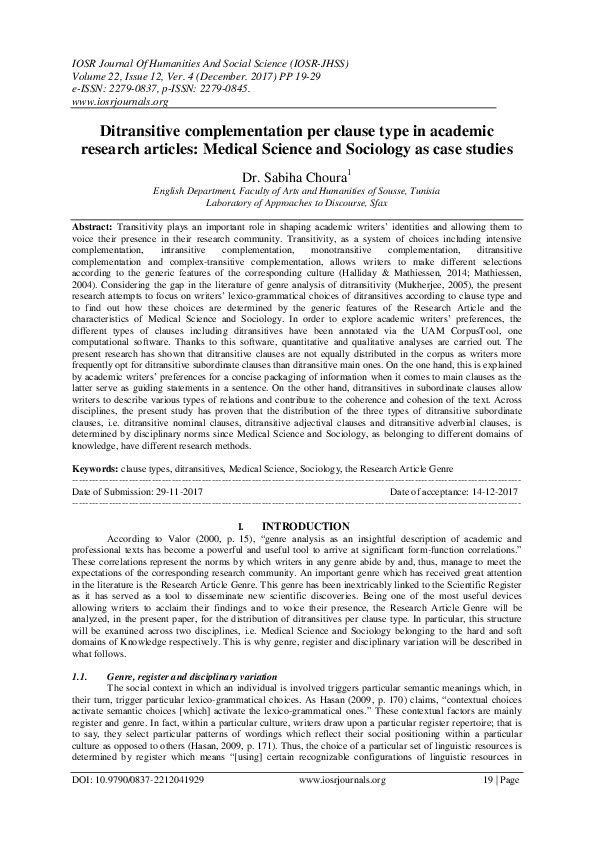 (PDF) Ditransitive complementation per clause type in academic research