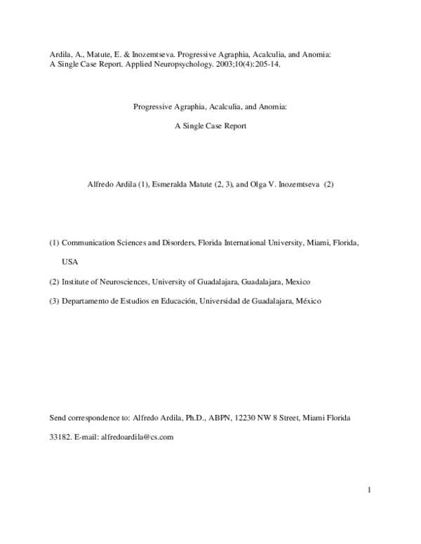 (PDF) Progressive Agraphia, Acalculia, and Anomia: A Single Case Report