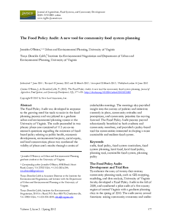 (PDF) The Food Policy Audit: A New Tool for Community Food System Planning