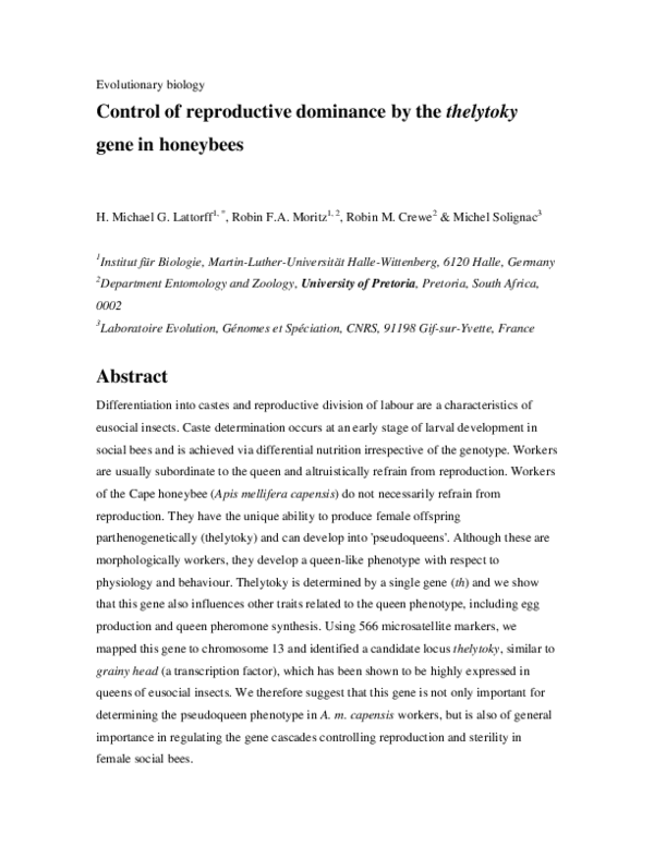 (PDF) Control of reproductive dominance by the thelytoky gene in honeybees