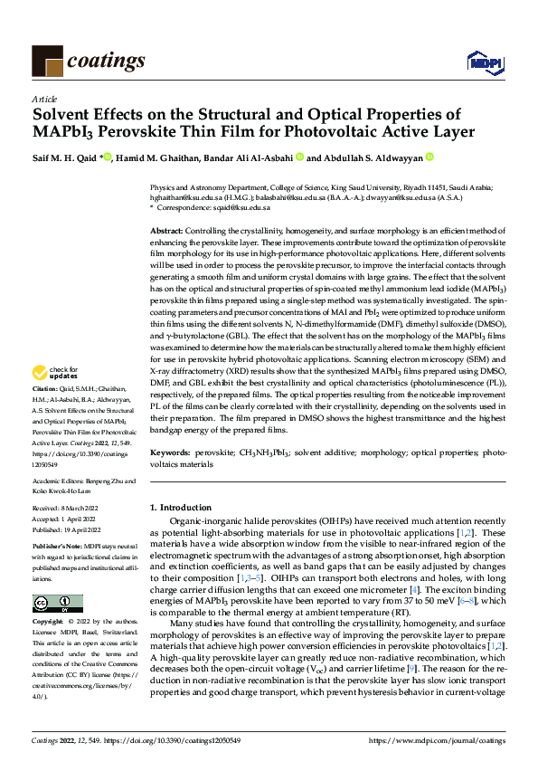 (PDF) Solvent Effects on the Structural and Optical Properties of MAPbI3 Perovskite Thin Film ...