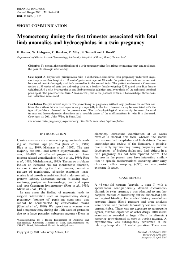 Pdf Myomectomy During The First Trimester Associated With Fetal Limb