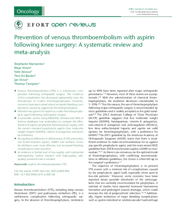 Pdf Prevention Of Venous Thromboembolism With Aspirin Following Knee