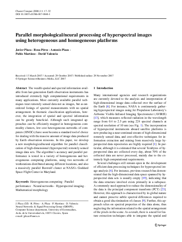 (PDF) Parallel morphological/neural processing of hyperspectral images using heterogeneous and ...