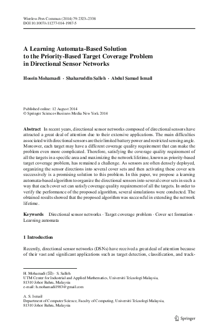 Pdf A Learning Automata Based Solution To The Priority Based Target Coverage Problem In