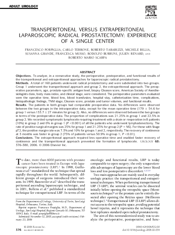 (PDF) Transperitoneal versus extraperitoneal laparoscopic radical prostatectomy: Experience of a ...