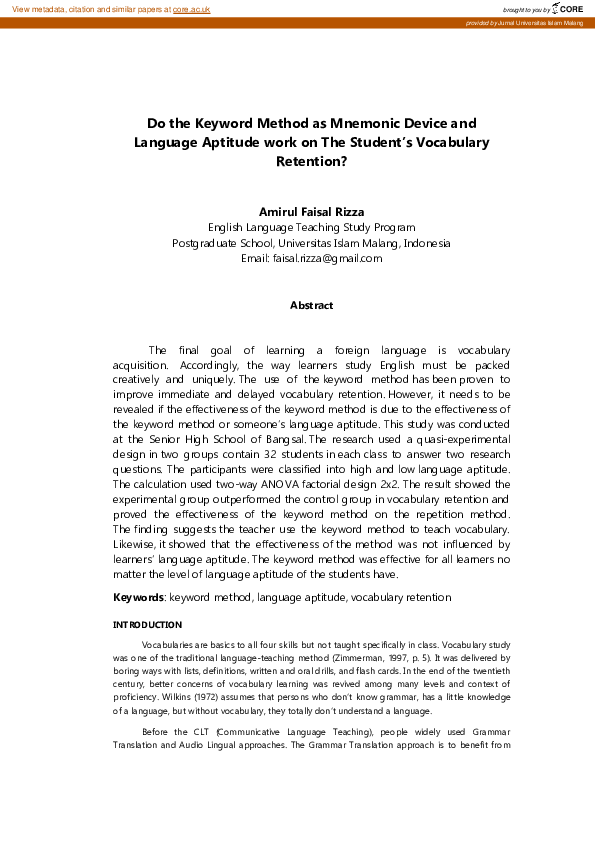 (PDF) Do the Keyword Method as Mnemonic Device and Language Aptitude ...