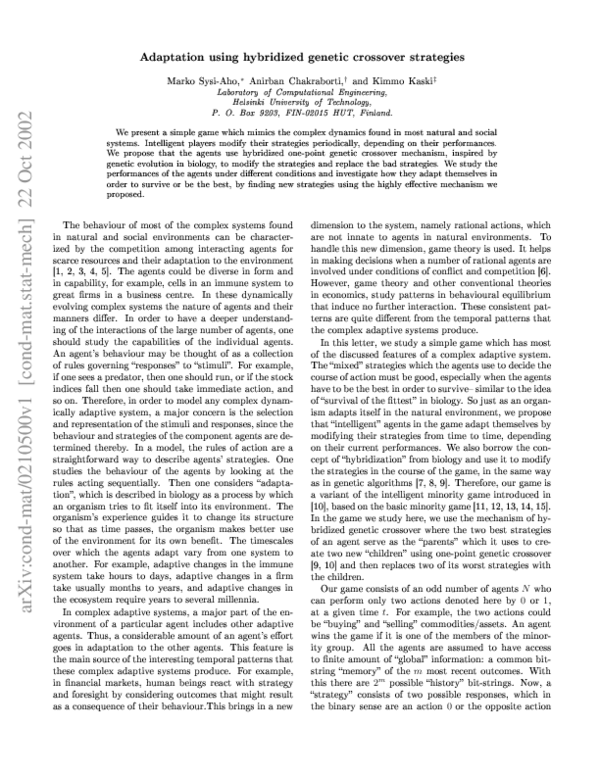Pdf Adaptation Using Hybridized Genetic Crossover Strategies Kimmo Kaski
