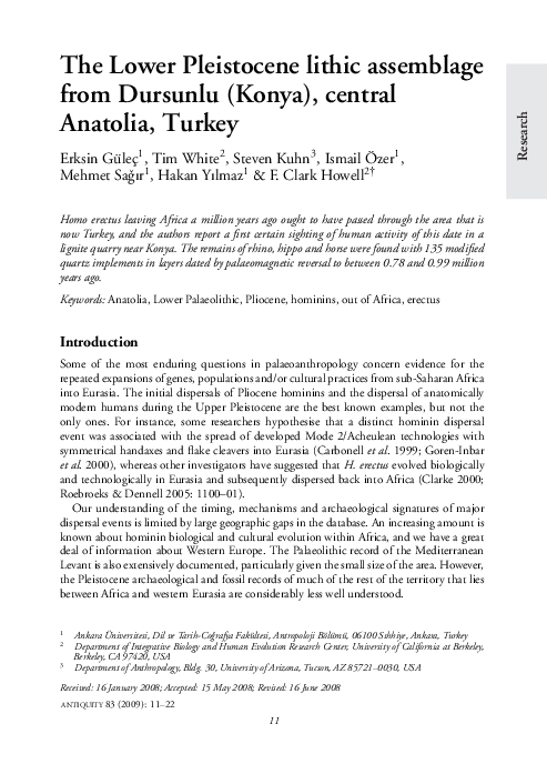 (PDF) The Lower Pleistocene lithic assemblage from Dursunlu (Konya), central Anatolia, Turkey