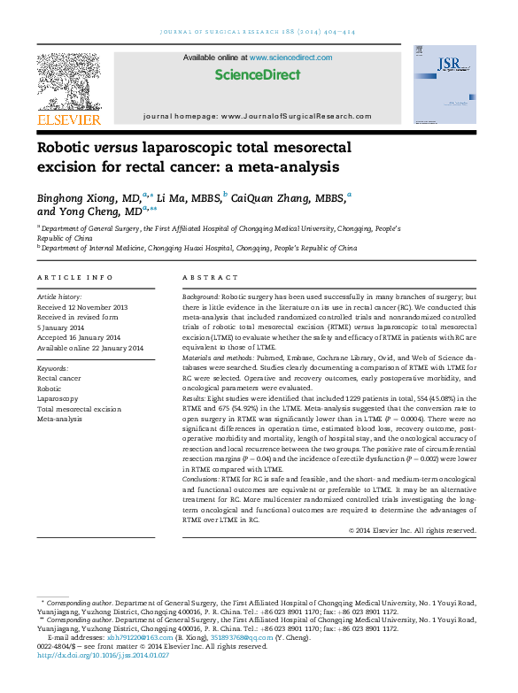 (PDF) Robotic versus laparoscopic total mesorectal excision for rectal cancer: a meta-analysis