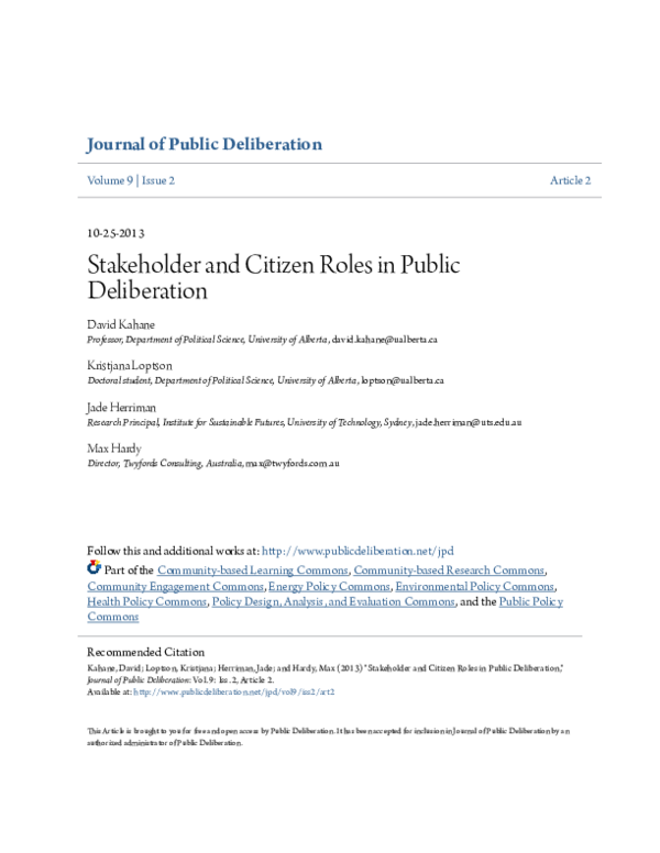 (PDF) Stakeholder and Citizen Roles in Public Deliberation
