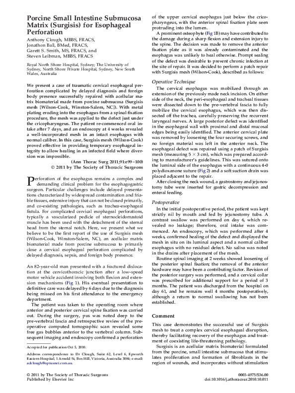 (PDF) Porcine Small Intestine Submucosa Matrix (Surgisis) for ...