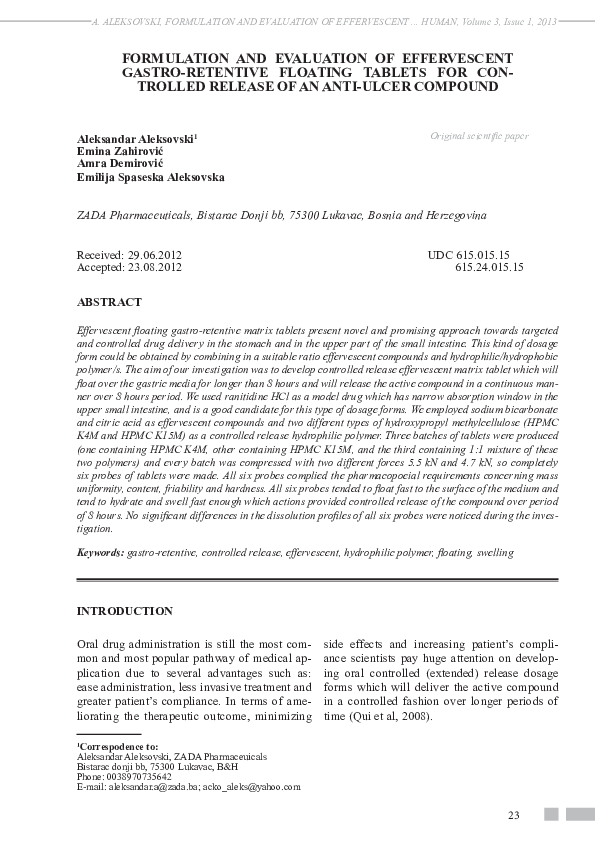 Pdf Formulation And Evaluation Of Effervescent Gastro Retentive Floating Tablets For
