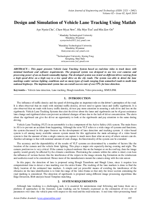 (PDF) Design and Simulation of Vehicle Lane Tracking Using Matlab