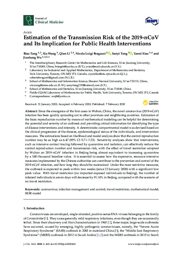 (PDF) Estimation of the Transmission Risk of the 2019-nCoV and Its ...