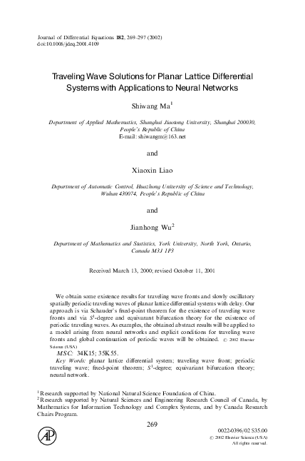 (PDF) Traveling Wave Solutions for Planar Lattice Differential Systems with Applications to ...